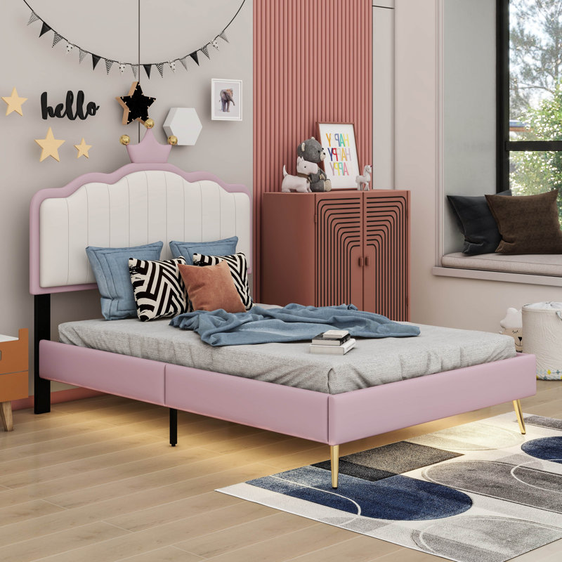 Tobit Twin size Upholstered Princess Bed With Crown Headboard and Light Strips Golden Metal Legs